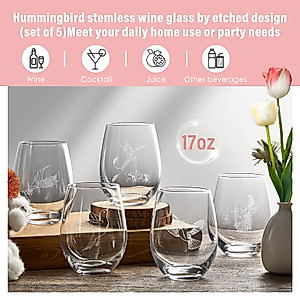 Zubebe 5 Pieces Hummingbird Stemless Wine Glasses 17 oz Hummingbird Cups Laser Engraved Wine Glasses Hummingbird Themed Gifts for Christmas Birthday Retirement Anniversaries Father's Day Mother's Day