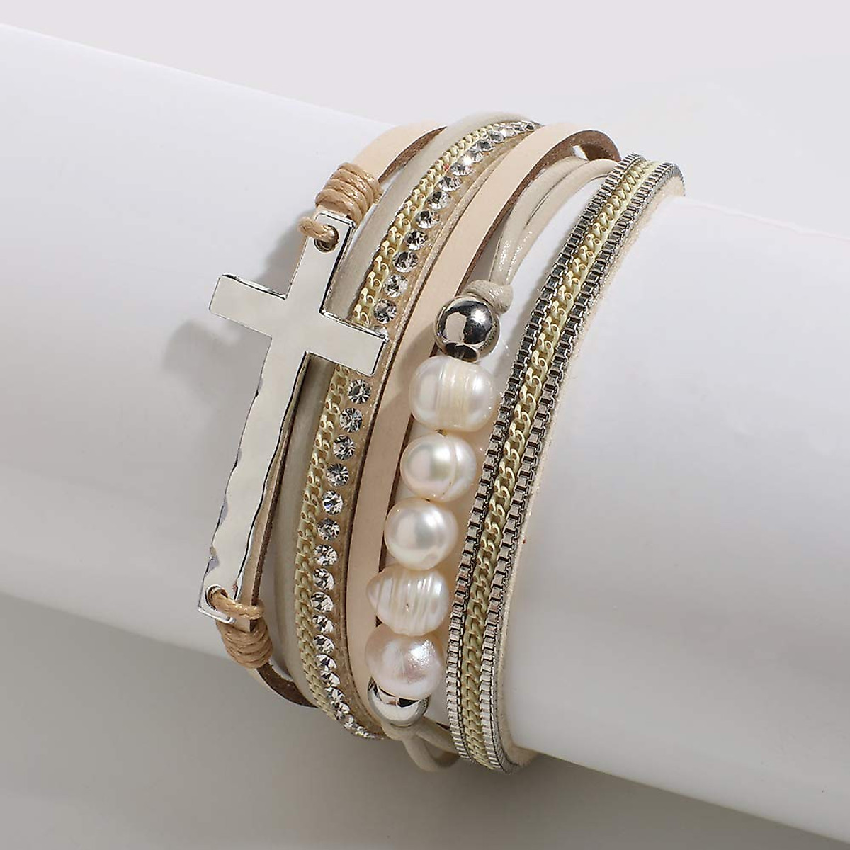 Vercret Leather Wrap Bracelet for Women - Multi-Layer Bracelets with Pearl Cross Beige Magnetic Clasp Bangle Cuff Stacked Bracelet for lady and Mother