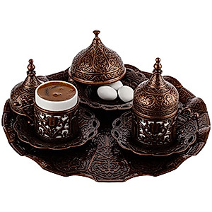 DEMMEX 2023 Turkish Greek Arabic Coffee Full Set with Cups Saucers Lids Sugar Bowl Tray and Copper Coffee Pot, 12 Pcs