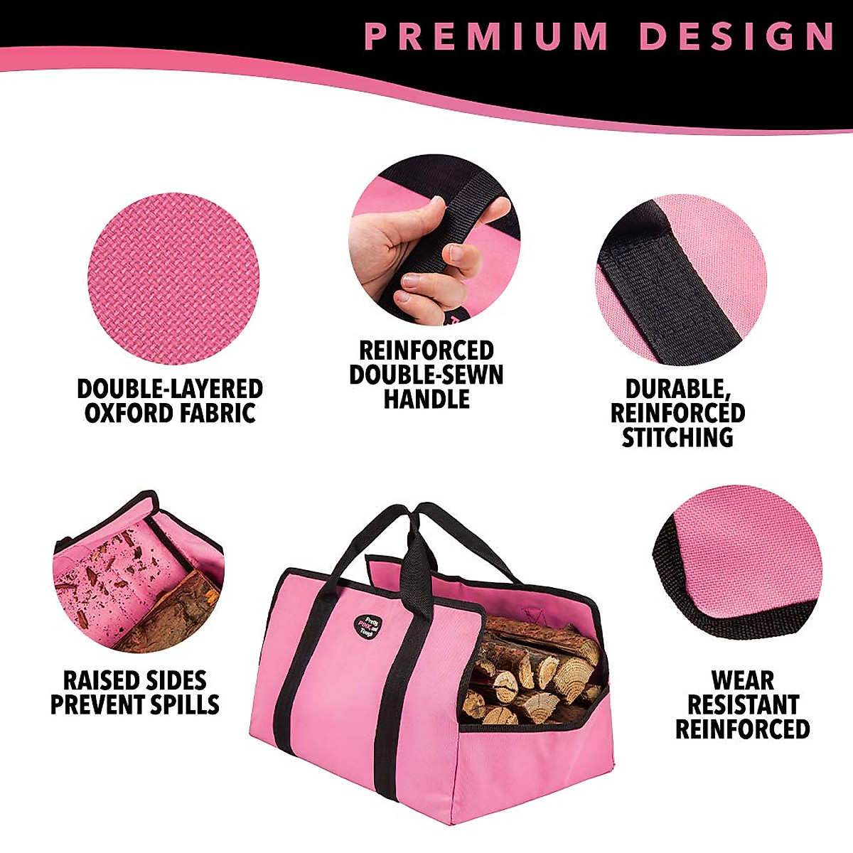 Firewood Tote Bag - Oxford Fabric Log Carrier with Handles & Heavy Duty Straps - Large Durable Wood Holder with Wide Opening - Wood Stove & Fireplace Accessories - 21 x 13 x 12 Inch, Pink