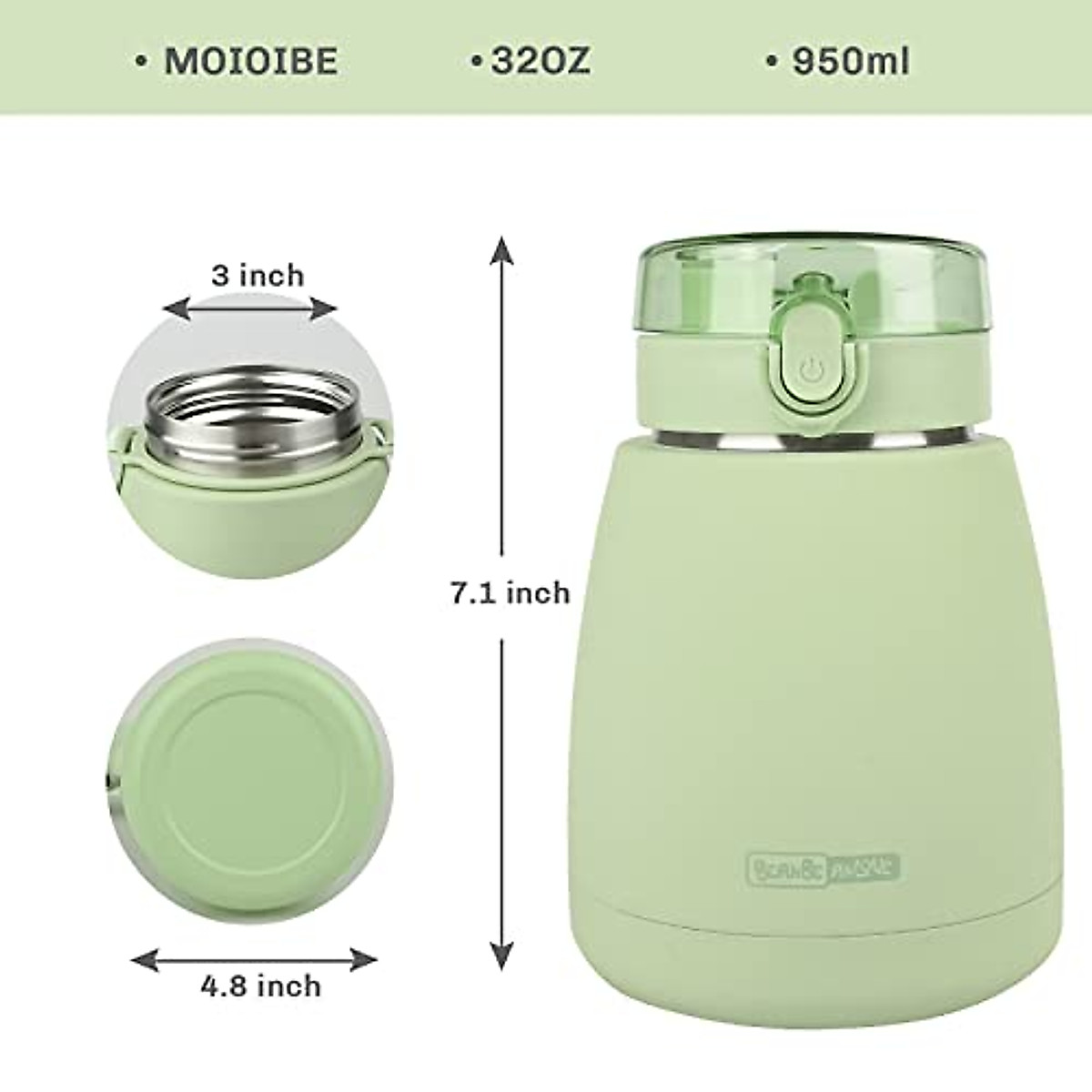 MOIOIBE 32oz Insulated Water Bottle with Straw for Women Kawaii Water Bottle for Kids Big Green Water Jug Cute Bottles with Strap Leak-proof and No Sweat
