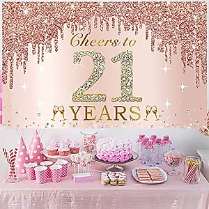 Large Cheers to 21 Years Birthday Decorations for Women, Pink Rose Gold Happy 21st Birthday Banner Backdrop Party Supplies, 21 Year Old Birthday Poster Background Sign Decor