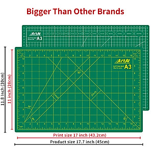 ArtAt Self Healing Cutting Mat: 12″x 18″ Green Double Sided Non-Slip 5 Layers PVC Durable Craft Sewing A3 Mat for Rotary Cutter, Use for Quilting and Scrapbooking and Craft & Art Projects…