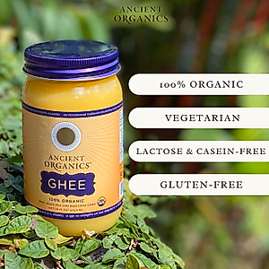 Ancient Organics Ghee, Organic Grass Fed Gluten Free Clarified Ghee Butter with Vitamins & Omegas, Lactose Reduced, 100% Certified Organic, Kosher, USDA Certified, Made in USA – 32 Fl Oz (Pack of 1)