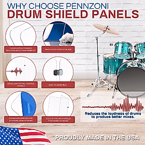 PENNZONI Drum Shield 4ft w/Chrome Hinges, Comes w/ 3 Drum Panels, & 4 Chrome Hinges, Premium Clear Acrylic Panels, Drum Screen