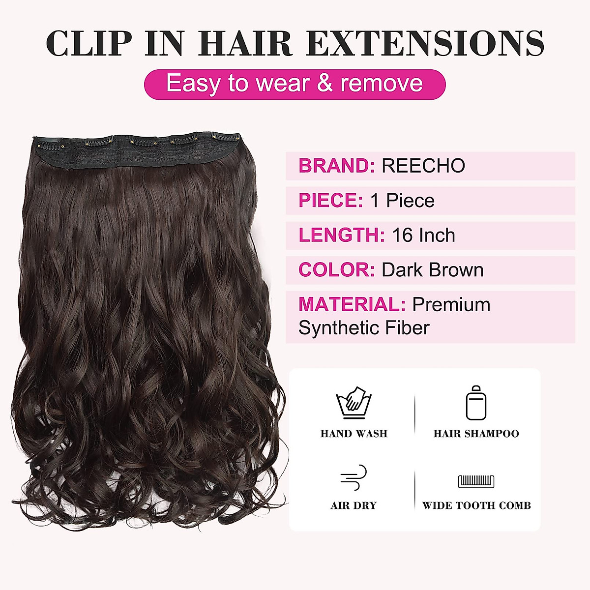 REECHO 16" 1-Pack 3/4 Full Head Curly Wavy Clips in on Synthetic Hair Extensions HE008 Hairpieces for Women 5 Clips 3.9 Oz per Piece - Dark Brown