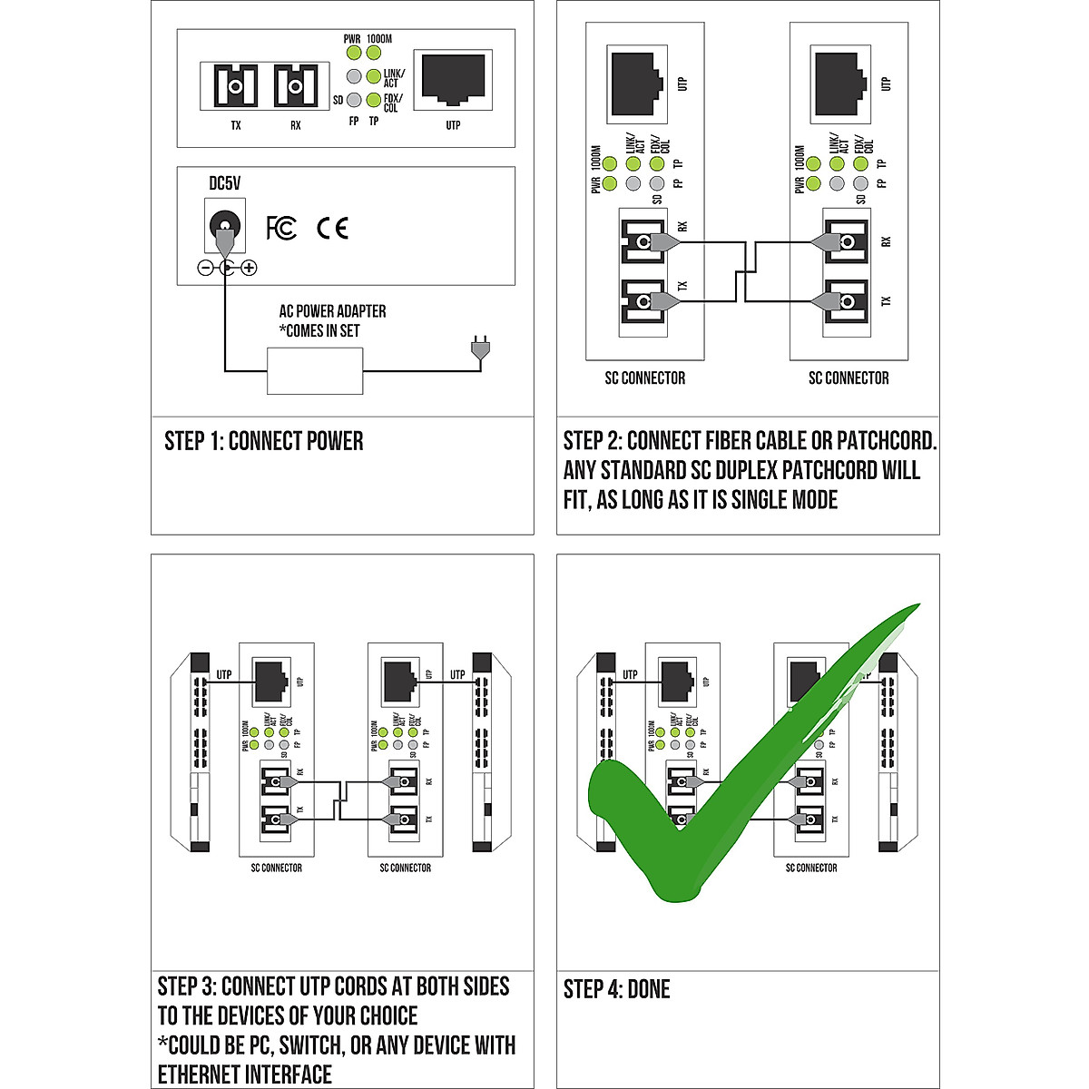 Single Mode Gigabit Fiber Media Converter - Built-In Fiber Module 20 km (12.42 miles) SC – to UTP Cat5e Cat6 10/100/1000 RJ-45 – Auto Sensing Gigabit or Fast Ethernet Speed - Jumbo Frame - LLF Support