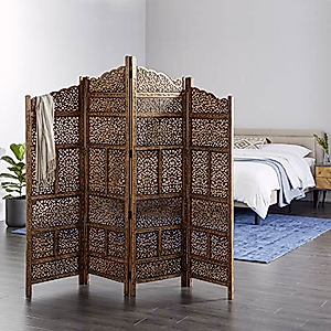 Deco 79 Wood Floral Handmade Hinged Foldable Arched Partition 4 Panel Room Divider Screen with Intricately Carved Designs, 80" x 1" x 72", Brown
