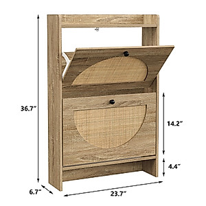 furomate Shoe Rack Storage Cabinet with 2 Natural Semi-Circular Rattan Doors, Entryway Boho Shoe Cabinet for Sneakers, Leather Shoes, High Heels, Slippers, 36.7“ Entryway Furniture