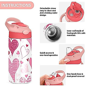 Kigai Romantic Pink Peach Heart Kids Water Bottle, Insulated Stainless Steel Water Bottles with Straw Lid, 12 oz BPA-Free Leakproof Duck Mouth Thermos for Boys Girls