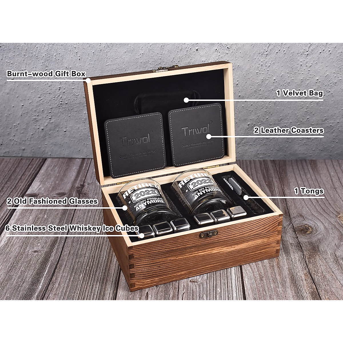 2023 Retirement Gifts for Men, Funny Retired 2023 Not My Problem Any More Whiskey Glass Wooden Gift Boxed Set, Happy Retirement Gifts for Boss, Office Coworkers, Dad, Husband, Brother, Friends