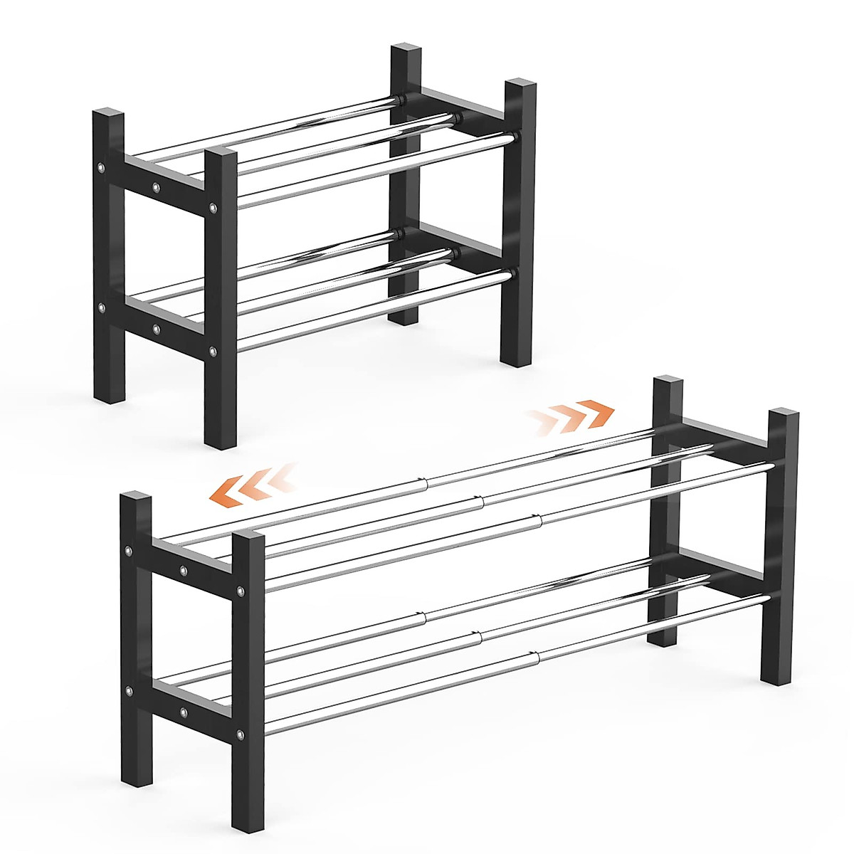 Nroech Expandable Shoe Rack Storage Organizer-Adjustable 2 Tier Wood and Metal Shoe Shelf Heavy Duty Free Standing Shoe Rack for Closet Bedroom Entryway (Black)