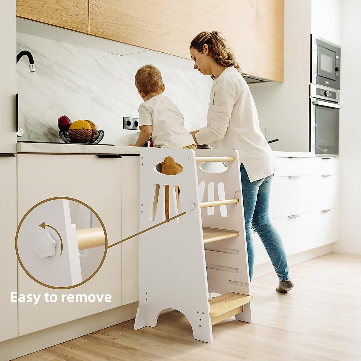 XJD Toddler Standing Tower Adjustable Height Thickened Toddler Wooden Kitchen Stool Helper - Ideal Kids Kitchen Step Stool for Learning New Skills Safety Feet (Nature)