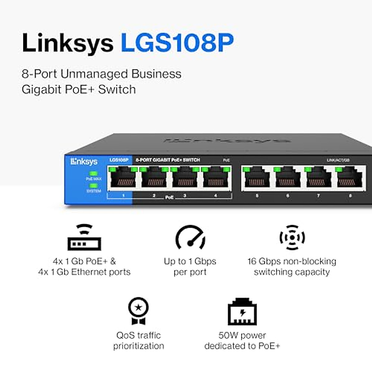 Linksys LGS108P 8 Port Gigabit Unmanaged Network PoE Switch with 4 PoE+ Ports @ 50W - Ideal for Business, Home, Office, IP Surveillance - Desktop Ethernet Switch Hub with Metal Housing