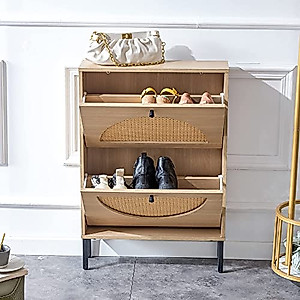 Shoe Storage Cabinet, Wekity Rattan Shoe Cabinet with 2 Flip Drawers, Shoe Storage Organizer for Heels Slippers Boots, Wood Narrow Free Standing Shoe Cabinet for Entryway Hallway 6X23X31 Inch (Nature)