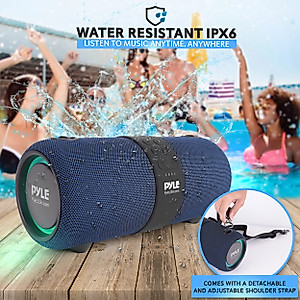 PyleUsa Wireless Portable Bluetooth Boombox Speaker - 2Ch Waterproof Rechargeable Fabric Stereo Speaker w/Google Assistant/Siri Voice Control, TWS Function, USB FM Radio, RGB Lights -PSBWP9BL (Blue)