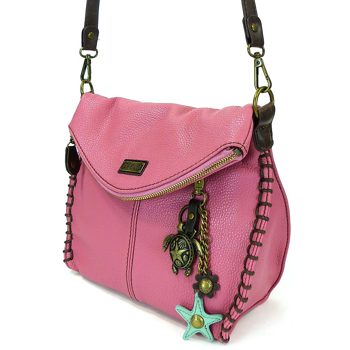 CHALA Bronze Sea Turtle with Teal Starfish Purse Charm + XBody/Shoulder Handbags - 9 Colors (Pink)