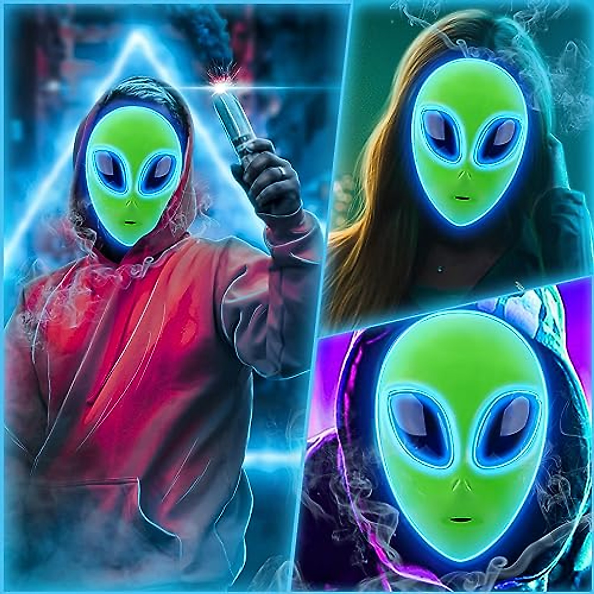 Tanganan Halloween LED Alien Mask, LED Light up Mask 3 Modes Lighted Face Mask for Festival Cosplay Halloween Costume Masquerade Parties Carnival Adult Boys Girls Gifts