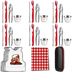 Artcome 32 Pcs Seafood Tools Set Nut Cracker Set includes 6 Crab Crackers, 6 Crab Forks/Picks, 6 Lobster Shellers, 6 Sauce Cups, 6 Lobster Bibs 1 Portable Storage Bag and 1 Plastic Tablecloth