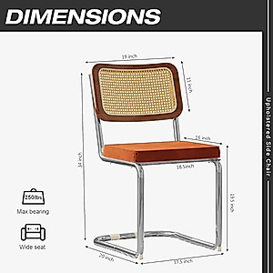 MeetLeisure Rattan Dining Chair Set of 2, Mid-Century Modern Chairs with Metal Chrome Legs, Armless Cane Back Chairs with Upholstered Cushion for Home Kitchen Dining Room, Walnut Brown/Orange
