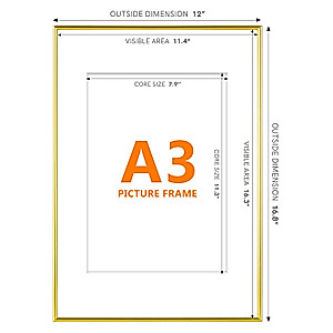 Homso A3 Picture Poster Frame, Display Pictures A4 with Mat or 11.7x16.5 Without Mat, Thin Border Metal with Plexiglass for Horizontal and Vertical, Gold