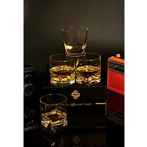 Crystal Whiskey Glasses Set of 4, Luxury Gift box set for Men, Old Fashioned 10.5 Oz Heavy Base, Bourbon Scotch Cognac Cocktail Whisky Gin Rum Liqueur Drinking Lowball Rock Tumbler Barware set
