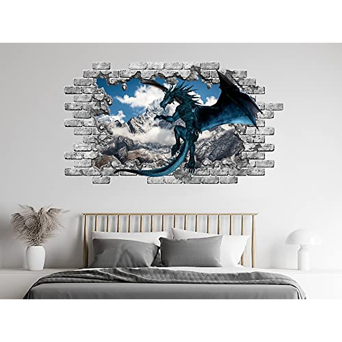 Blue Dragon Wall Decal, Mountains Removable Vinyl Sticker, Dragon Wall Mural, Peel and Stick, Dragon Bedroom Decor NT23