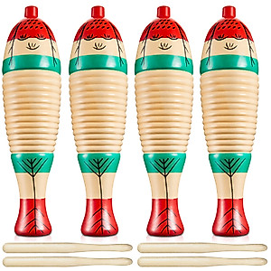 4 Sets Fish Style Guiro Instrument Wood Fish Shape Guiro Colorful Hand Percussion Instrument with Rhythm Sticks Musical Instruments for Adults