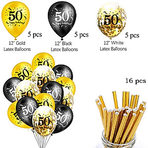 Mocossmy 50th Birthday Party Supplies and Decorations Kits - Black Gold Paper Plates&Cups,Napkins,Straws,Cutlery,Tablecloth,Happy Birthday Banner,Balloons for Women Men Birthday Party Favors,Serves 16