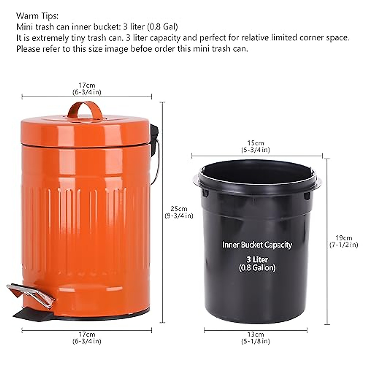 OCTMUSTARD 3 Liter / 0.8 Gal Mini Metal Trash Can with Lid,Small Pet Garbage Can Waste Basket for Car,Office,Outdoor or Home Kitchen and Bathroom Decor,Orange 9" X 6.75" X 11.25"