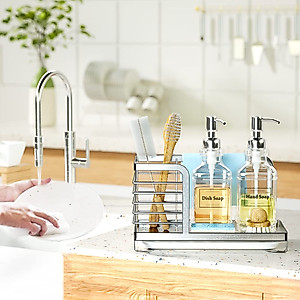 SUNESY Kitchen Sink Caddy for Holding Soap Dispensers & Sponge, Multifunctional Kitchen Sponge Holder with Removable Tray, Rustproof 304 Stainless Steel Kitchen Sink Organizer with Great Storage