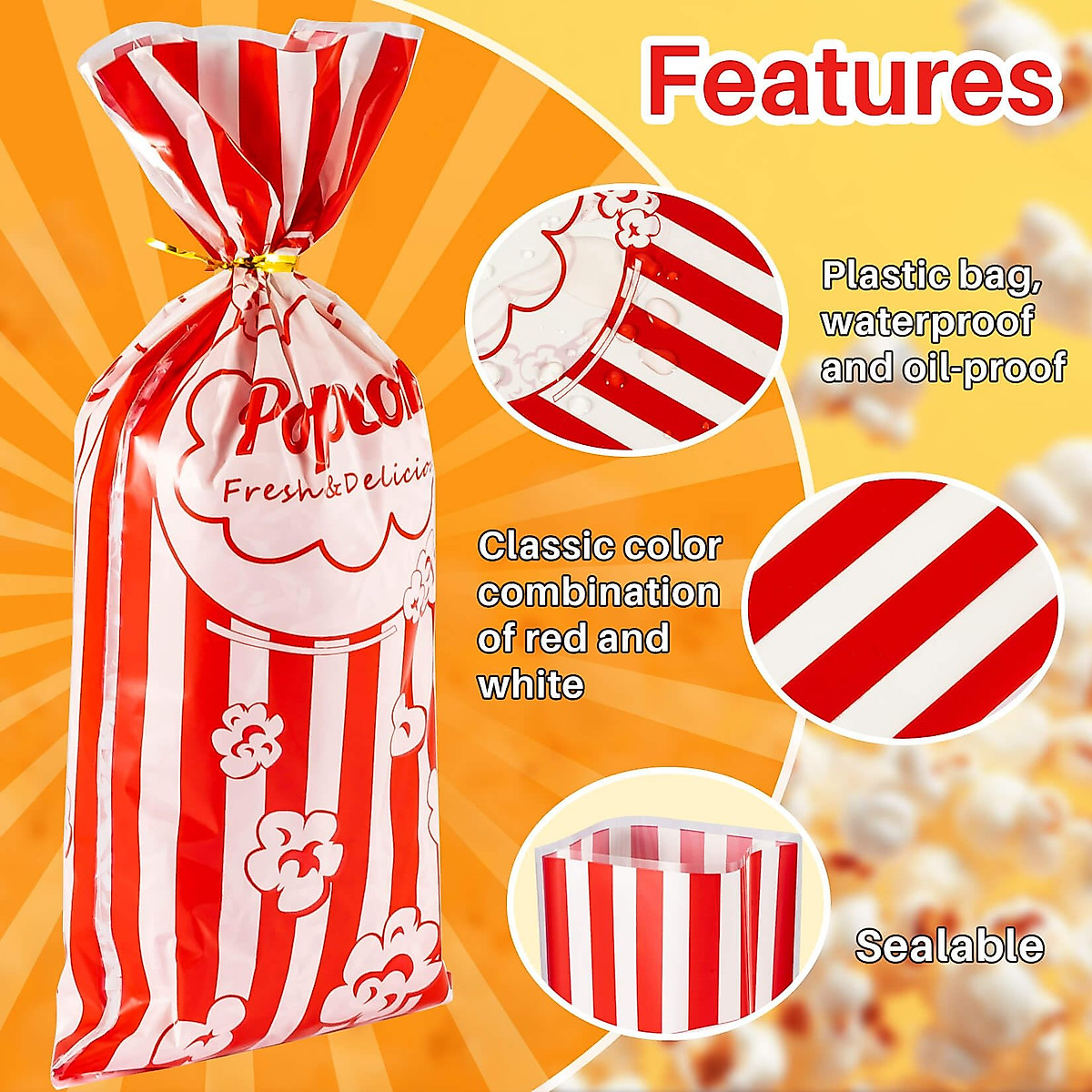 MAQIHAN 100 Popcorn Bags Individual Servings - Plastic Popcorn Individual Food Bags with Twist Tie Pop Corn Party Popcorn Sleeves Bulk Bar Snack Containers Nostalgia Gift Packs Movie Night Supplies