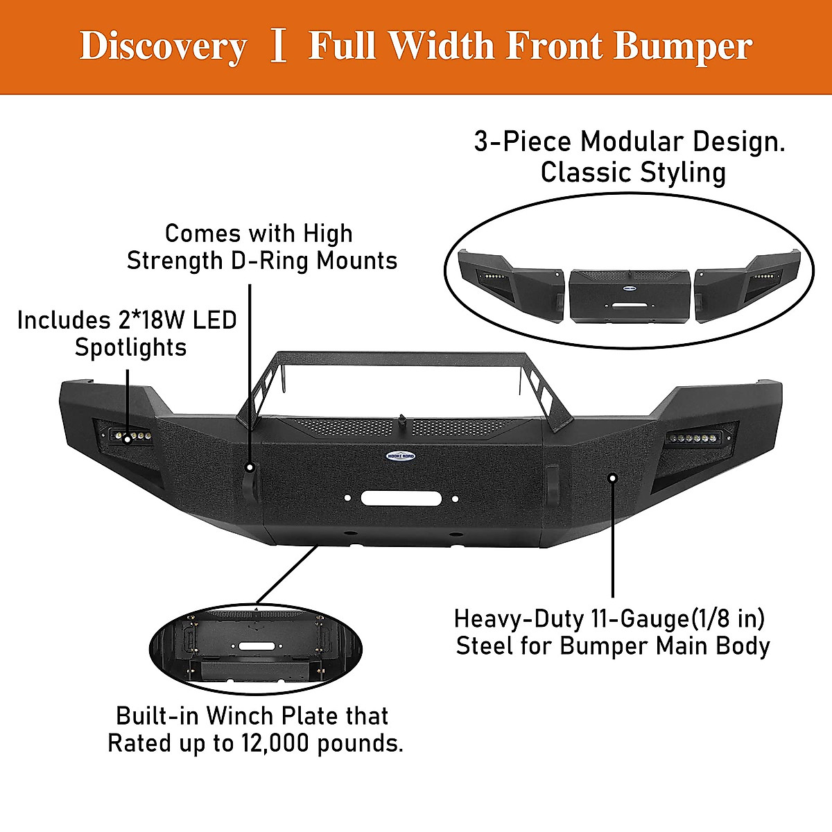 Hooke Road 03-05 Ram Full Width Front Bumper w/Winch Plate & LED Spotlights for 2003 2004 2005 Dodge Ram 2500 3500 Truck (Excluding Diesel Models), Solid Steel Offroad Bumper