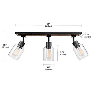 Globe Electric 59798 25" 3-Light Track Lighting, Faux Wood Finish, Matte Black Accents, Clear Glass Shades, Track Ceiling Light, Track Lighting Kit, Vintage, Ceiling Light Fixture, Home Improvement