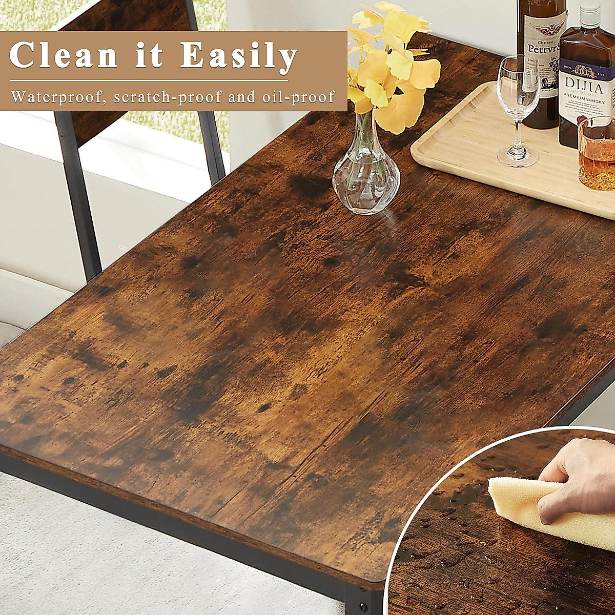 Rovibek 4 Chairs Dining Table Set for 4-8, Modern Space Saving Kitchen Desk, Wooden Industrial Style Farmhouse, 47", Leather Black Brown