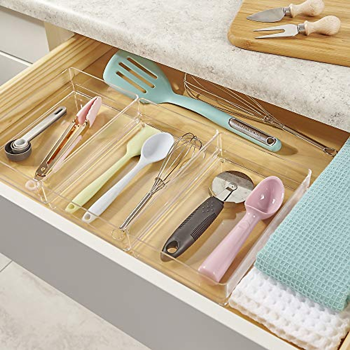 STORi SimpleSort 3-Piece Stackable Clear Drawer Organizer Set | 9" x 6" x 2" Rectangle Trays | Wide Makeup Vanity Storage Bins and Office Desk Drawer Dividers | Made in USA