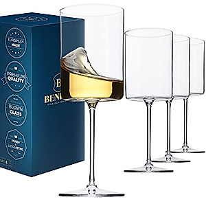 BENETI Large Square Wine Glass Set of 4-14 oz European-Made Hand Blown Glass White Wine Goblets w/Laser-Cut Rim, Dishwasher-Safe Crystal Clear Red Wine Glass Gift Set