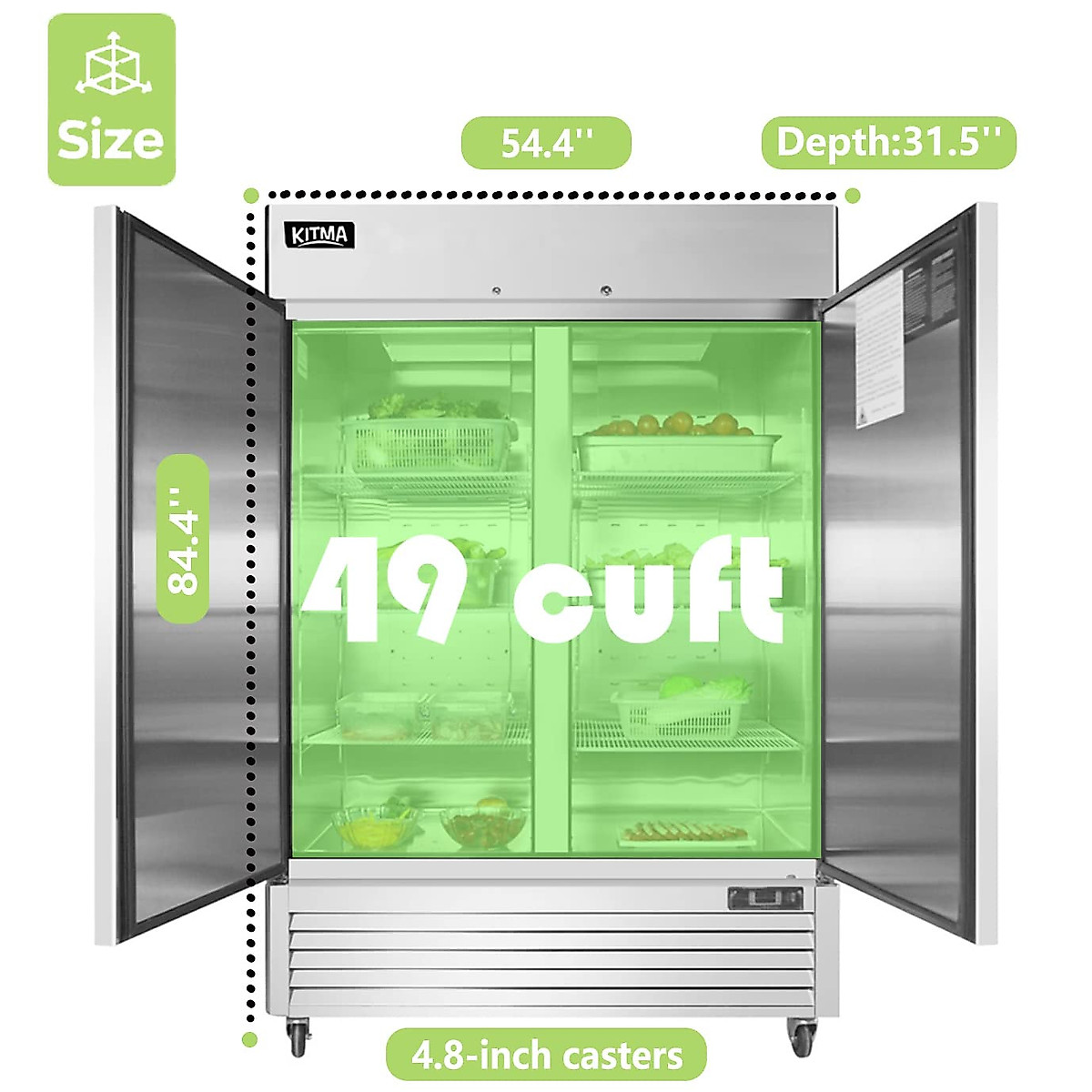 KITMA 2 Door Commercial Freezer 54" Commercial Reach-in Freezer Cooler, Commercial Fridge with LED Lighting, 49 Cu. Ft