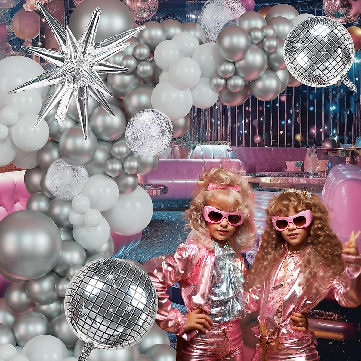 ECEAE Disco Party Balloon Garland Arch Kit 134 Pcs Metallic Silver Matte White Confetti Balloons Disco Balls Ideal for Adult Birthday Dancing Theme Decor Graduation Party Celebrity-Inspired Events