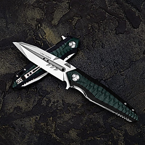 NEWOOTZ folding pocket knife with 4in d2 tool steel blade,liner lock g10 handle,edc camping hunting knives with clip for men and women (green)