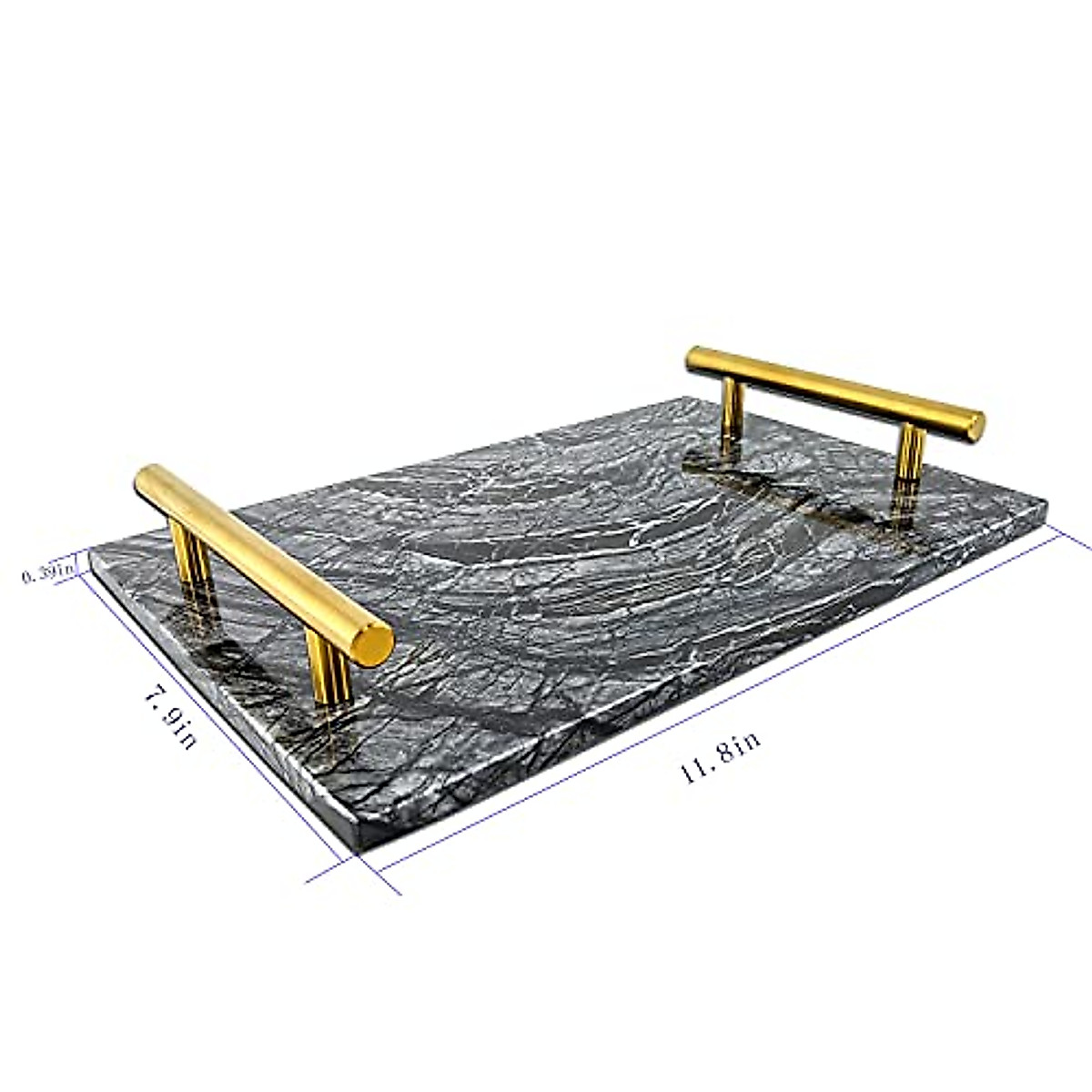 BustleDust Handmade Marble Decorative Tray with Golden Handles,Vanity Tray, Cosmetics Perfume Tray, Jewelery Diplay Tray, Dresser Organizer Tray(Black 11.8 x 7.9 x 0.39in)