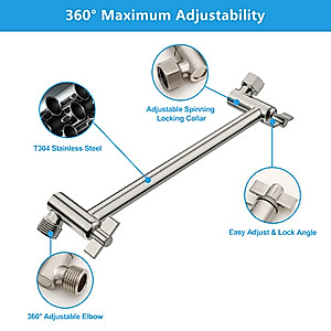 Lordear Shower Extension Arm Brushed Nickel,11 Inch Wall Mounted Extender Rainfall Adjustable Extension Shower Head Arm, Easy for Any Shower Angles