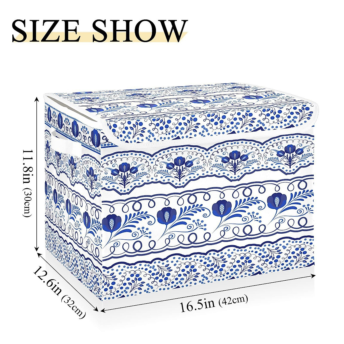 WELLDAY Blue White Floral Ceramic Storage Baskets Foldable Cube Storage Bin with Lids and Handle, 16.5x12.6x11.8 In Storage Boxes for Toys, Shelves, Closet, Bedroom, Nursery