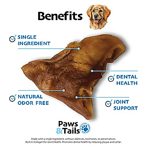 PAWS&TAILS Premium All-Natural Pig Ears for Dogs - Joint Health Support, Thick-Cut - High-Protein, Low-Fat Treats for Dental Hygiene - No Additives or Preservatives. (12, Natural Whole Pig Ears)