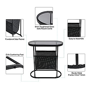 Yusong Tempered Glass End Table for Small Space, Narrow Oval Side Tables Living Room, Little Skinny Bedside Table Slim Nightstand with Magazine Holder for Bedroom, Black