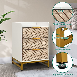 YITAHOME Nightstand with 3 Drawers, Modern Bedside Table with Chevron Design and Gold Metal Legs, Small End Side Table, Night Stands with Lip, for Bedroom, Set of 2