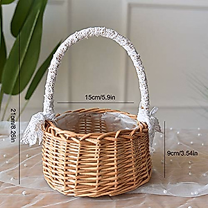 RTWAY Wicker Rattan Flower Basket, Set of 2 Wedding Flower Girl Baskets, Willow Handwoven Basket with Handles and Plastic Insert, Woven Eggs Candy Basket for Home Garden Decor