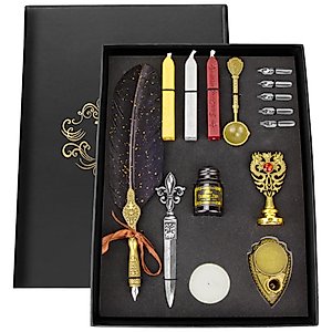 Calligraphy Pen Set, Feather Pen, Calligraphy Pen Set, Quill And Ink Set, Calligraphy Set For Beginners, Feather Pen And Ink Set, Quill Pen And Ink Set, Wax Stamp Set With Golden Black Feather Pen