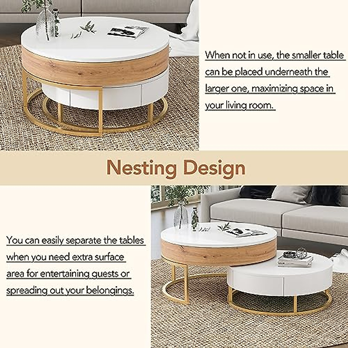 Modern Round Lift-top Nesting Coffee Tables with 2 Drawers, Wood Cocktail Table Center Table with Metal Pedestal & Concealed Storage Compartment for Living Room (Oak Natural Wood + Antique White-74)