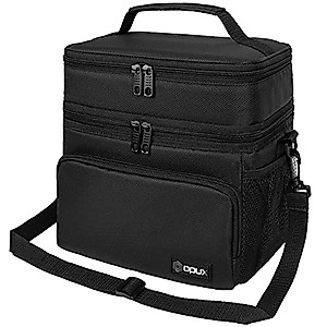opux Insulated Lunch Bag for Men Women, Large Dual Compartment Cooler Bag, Soft Two Deck Lunch Box for Work School Picnic, Leakproof Lunch Tote with Shoulder Strap for Kid Adult (Black, Double Deck)